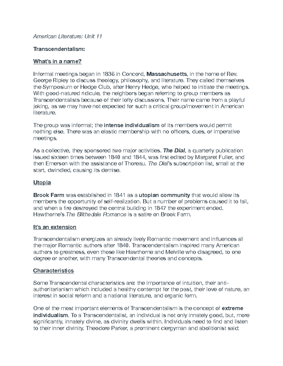 Amlit 11 - Transcendentalism American Literature Class Notes - American ...