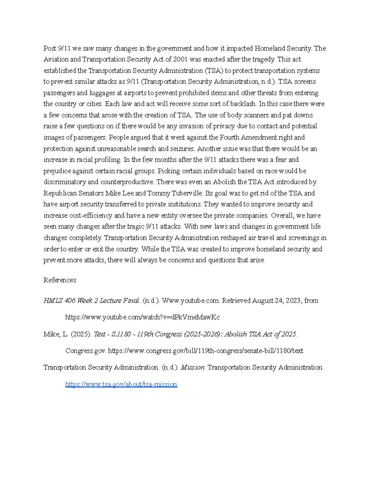 HMLS 406 Final Exam: Impact of TSA on Homeland Security and Ethics ...
