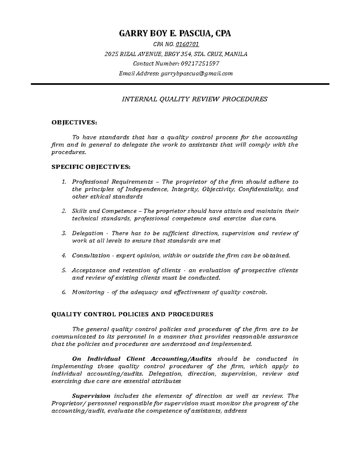 BOA4 Internal Quality Review Procedures for Accounting Firms - Studocu