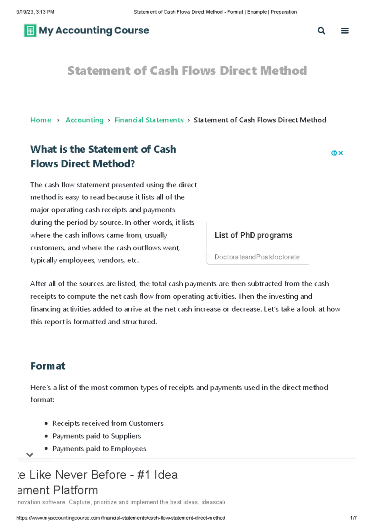 Cash Flow Statement Direct Method Format