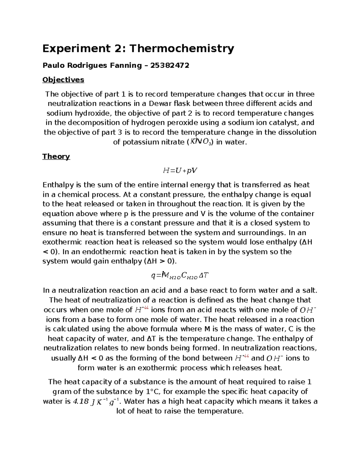 Thermochemistry Lab Report: Experiment 2 (Fanning 25382472) - Studocu