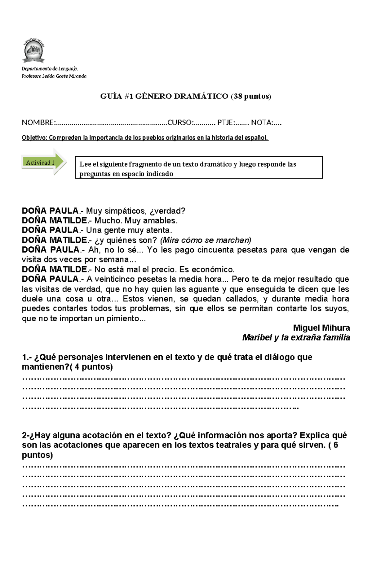 Guía de Teatro 1 - Ejercicios sobre Género Dramático y Diálogos - Studocu