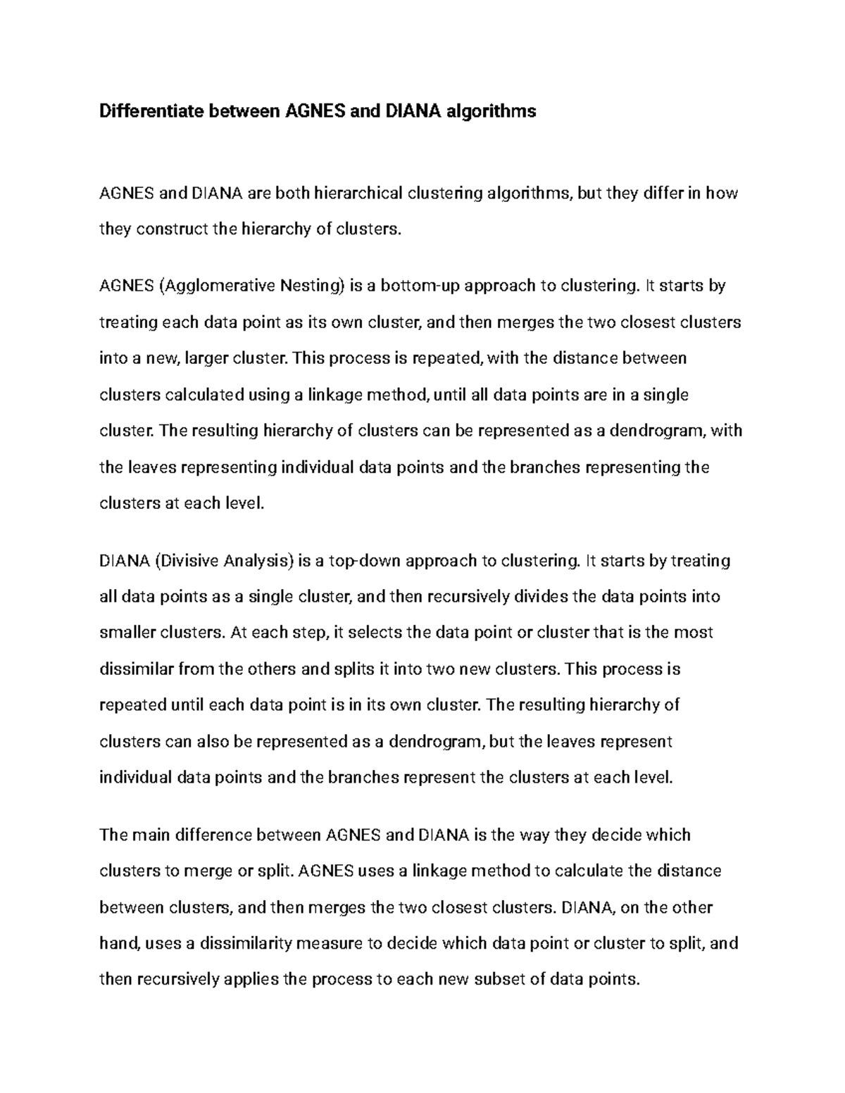 AGNES vs DIANA: Comparing Hierarchical Clustering Algorithms - Studocu
