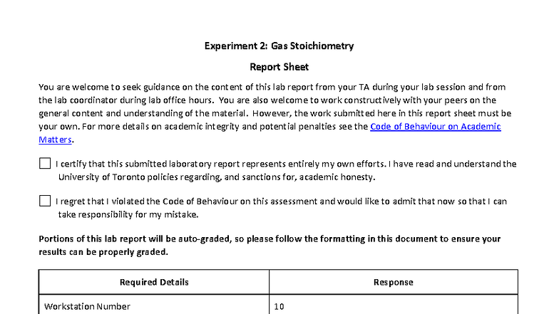 Experiment 2: Gas Stoichiometry Lab Report Sheet - Studocu
