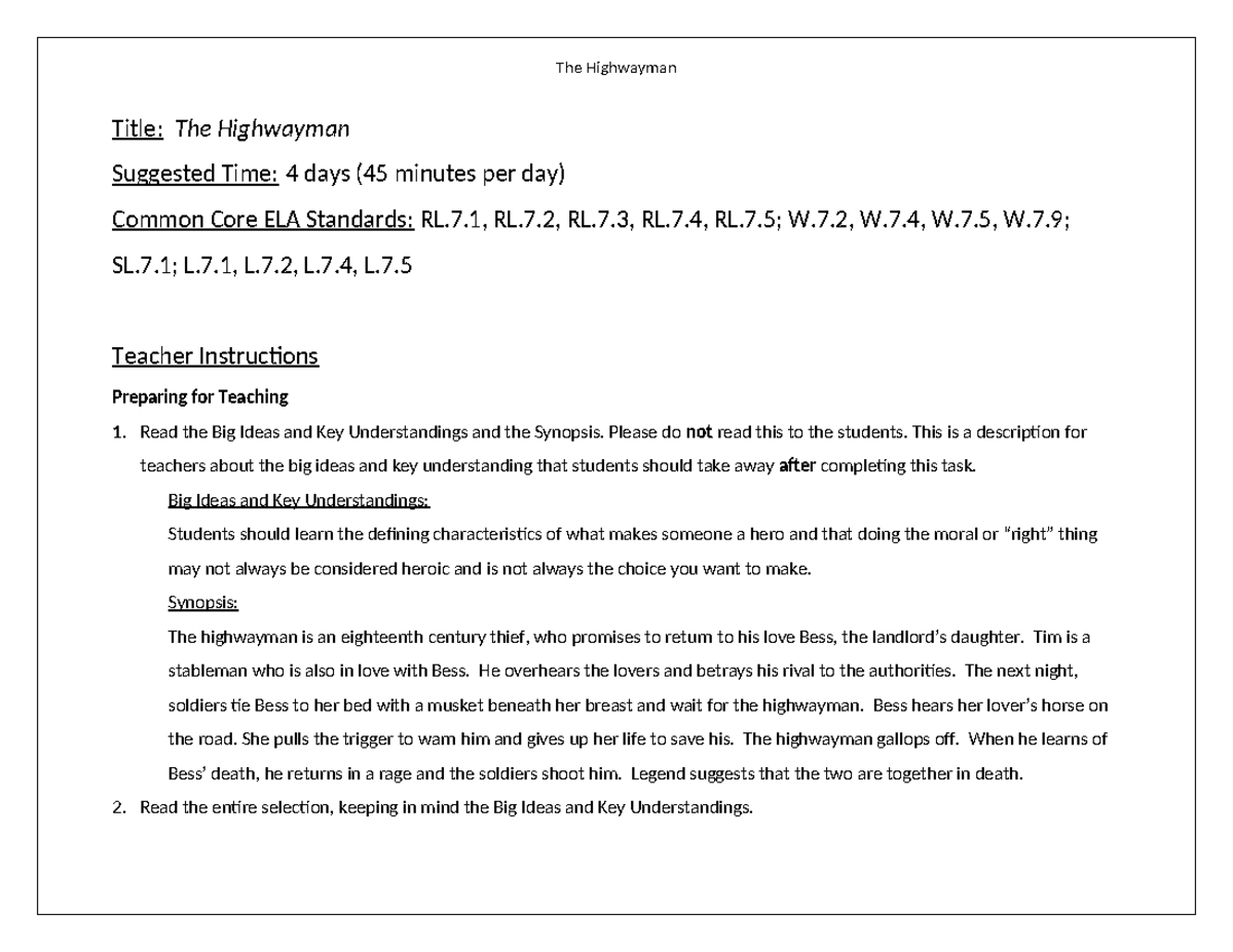 ELA 7. Lesson Plan: The Highwayman - Understanding Heroism and Morality ...