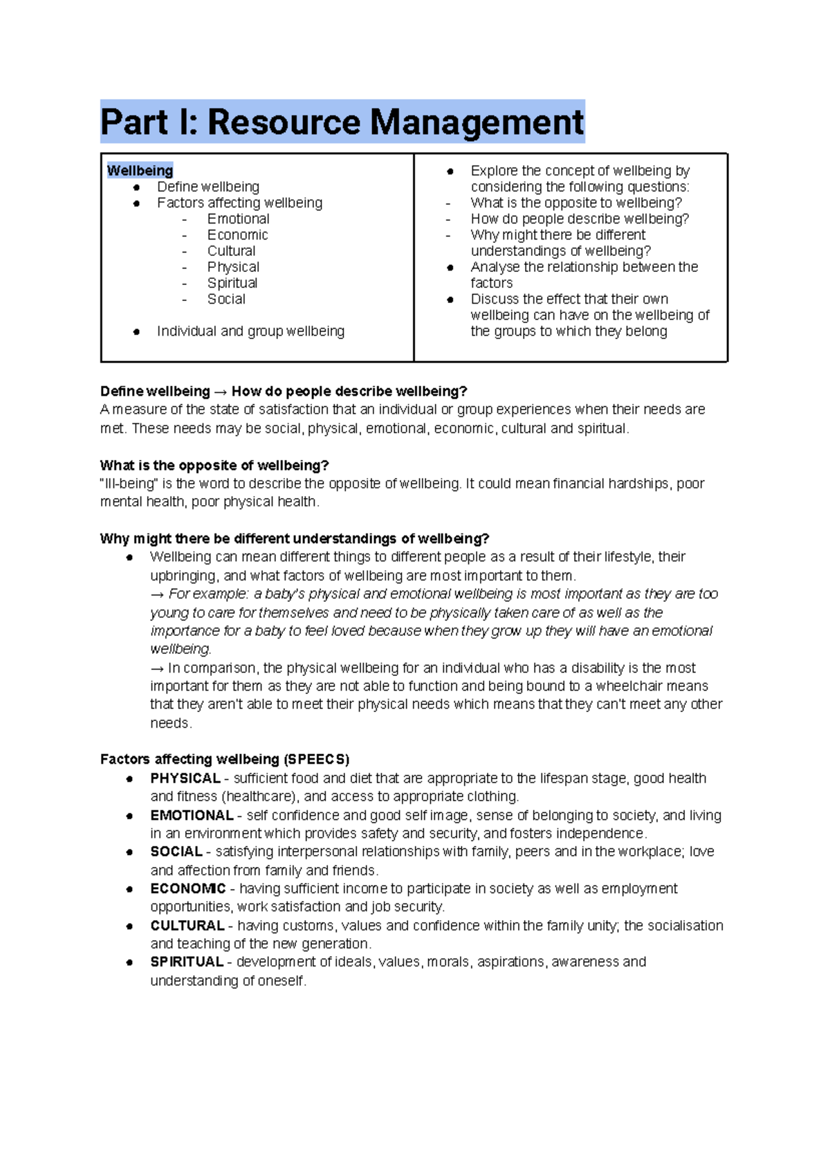 CAFS Year 11 Study Notes: Understanding Wellbeing & Resource Management ...