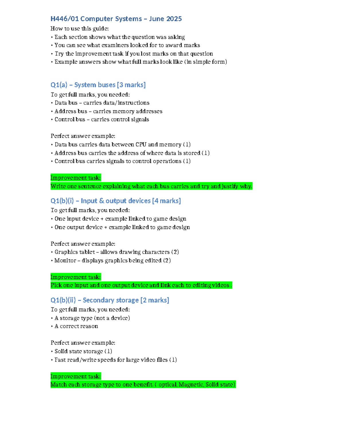 Computer Systems Exam Guide: Key Concepts & Improvement Tasks - Studocu