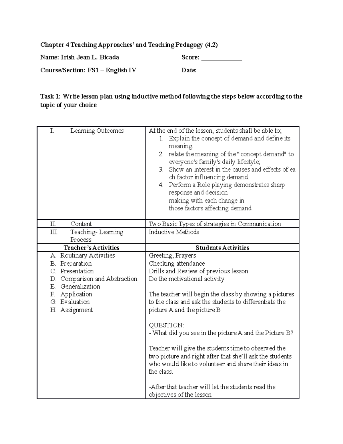 Chapter 4 Lesson Plan: Inductive & Deductive Teaching Methods (FS1-Eng ...
