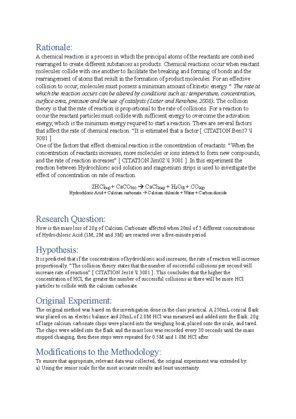 Chemistry Lab Report: Final Rate of Reaction (Experiment on HCl ...