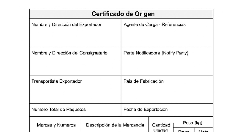 Certificado de Origen - Plantilla en Español para Exportación - Studocu