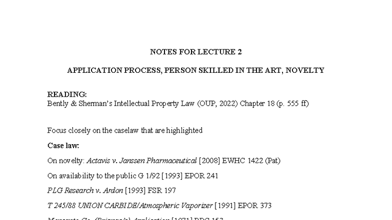 Lecture 2 Notes: Application Process & Novelty in IP Law (Bently) - Studocu