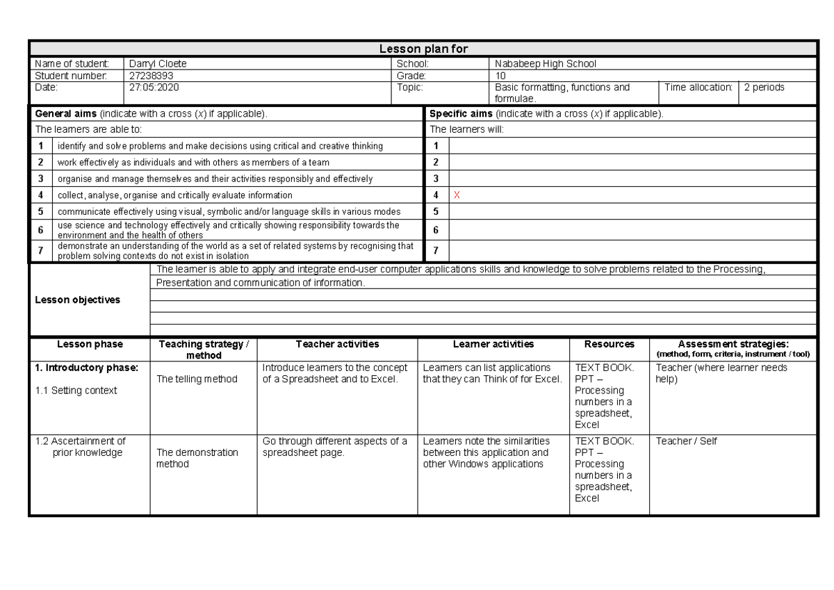 Lesson Plan: Basic Formatting & Functions in Excel (Grade 10) - Studocu