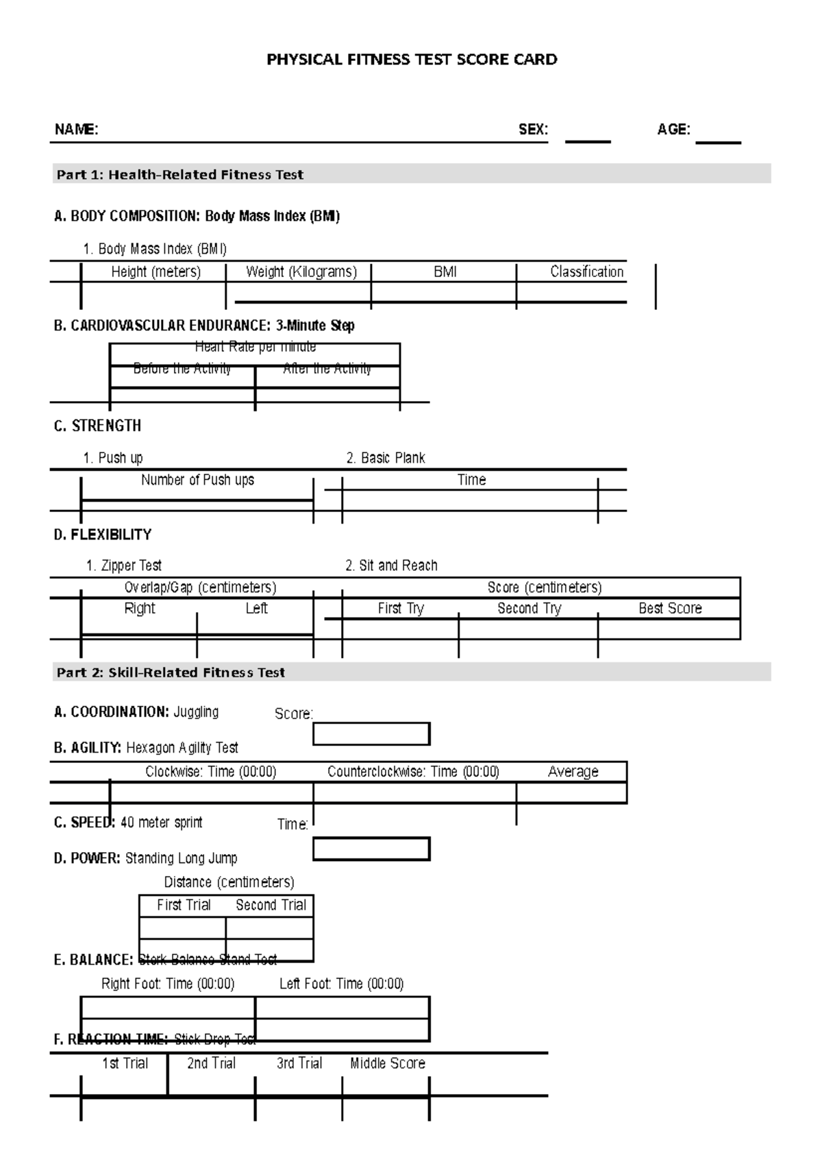 Deped pft score card - PHYSICAL FITNESS TEST SCORE CARD NAME: SEX: AGE ...