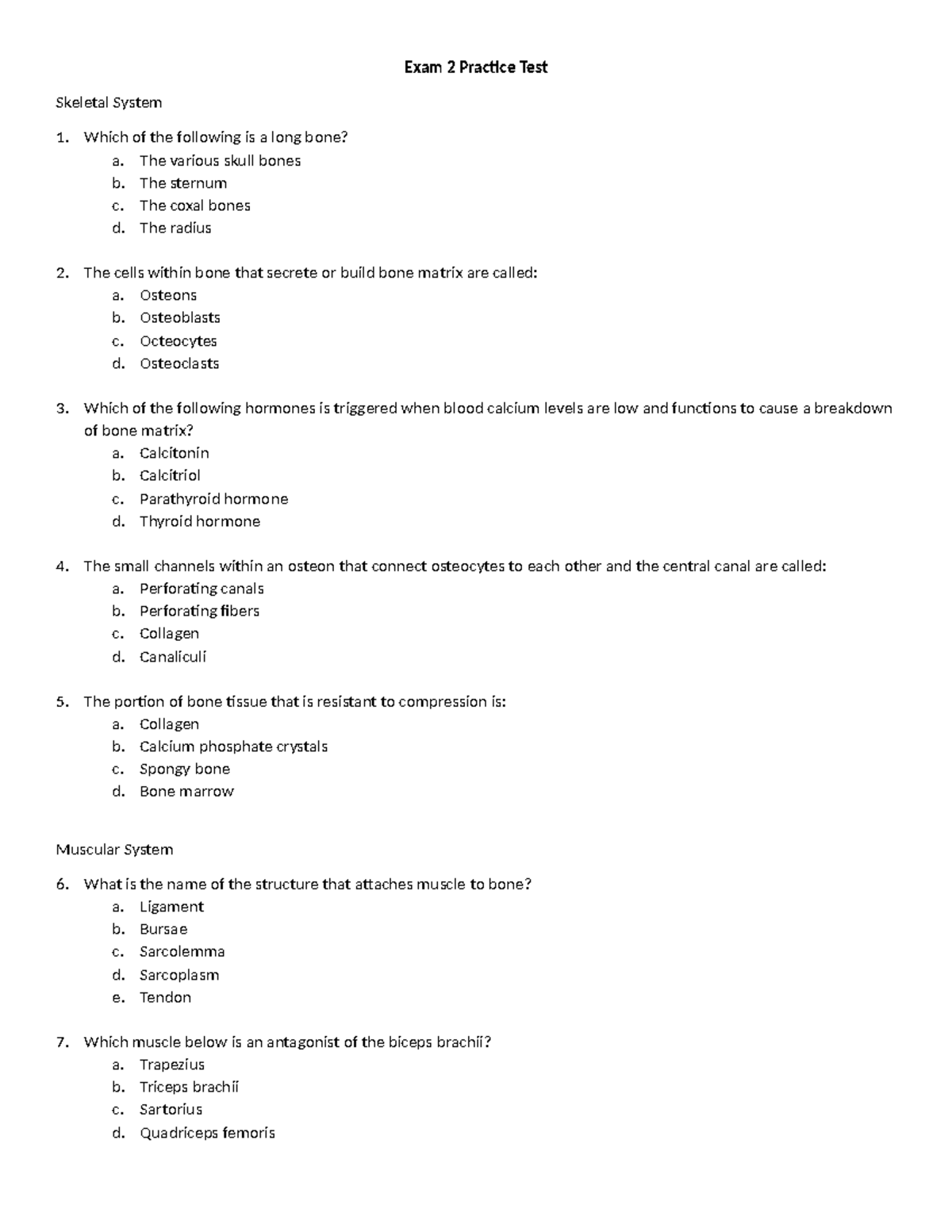 Exam 2 Practice Test: Skeletal, Muscular & Nervous Systems Overview ...
