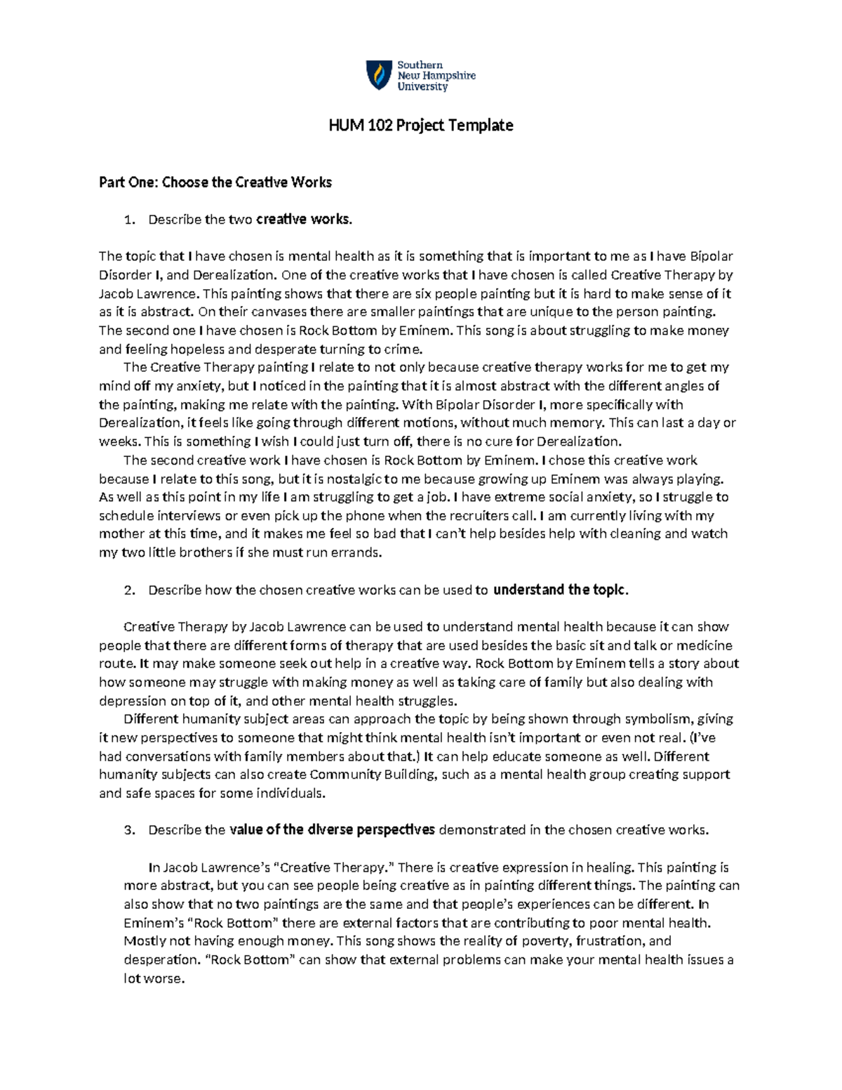 HUM 102 Project - HUM 102 Project Template Part One: Choose the ...