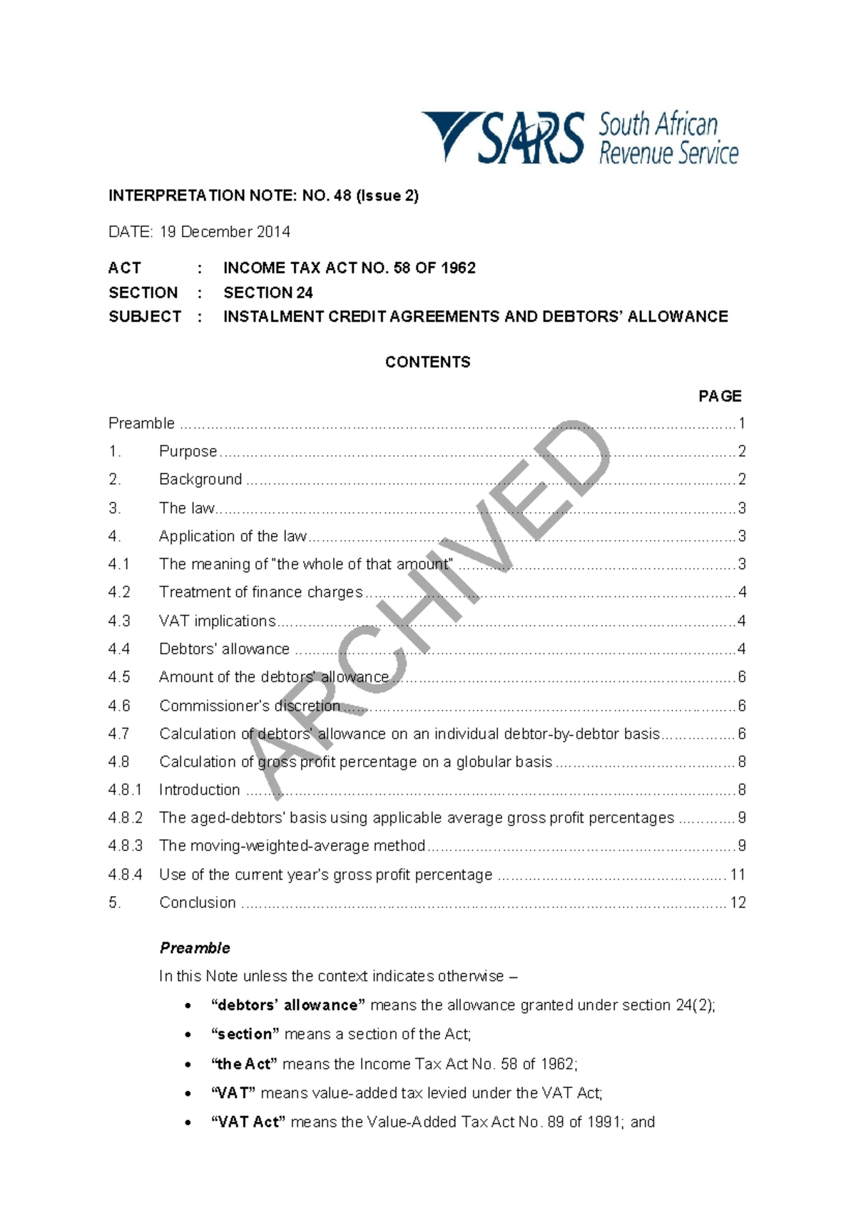 Instalment Credit Agreements: SARS Tax Principles & Examples (IN48 ...