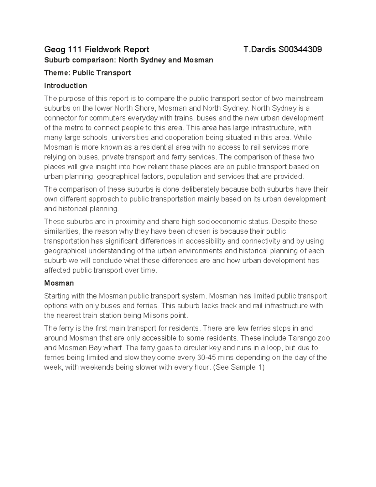 Geog 111 Fieldwork Report: Public Transport Comparison of North Sydney ...