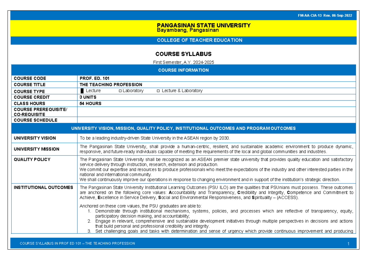 Prof-Ed-101-THE- Teaching- Profession-Course-Syllabus 2024-2025 ...