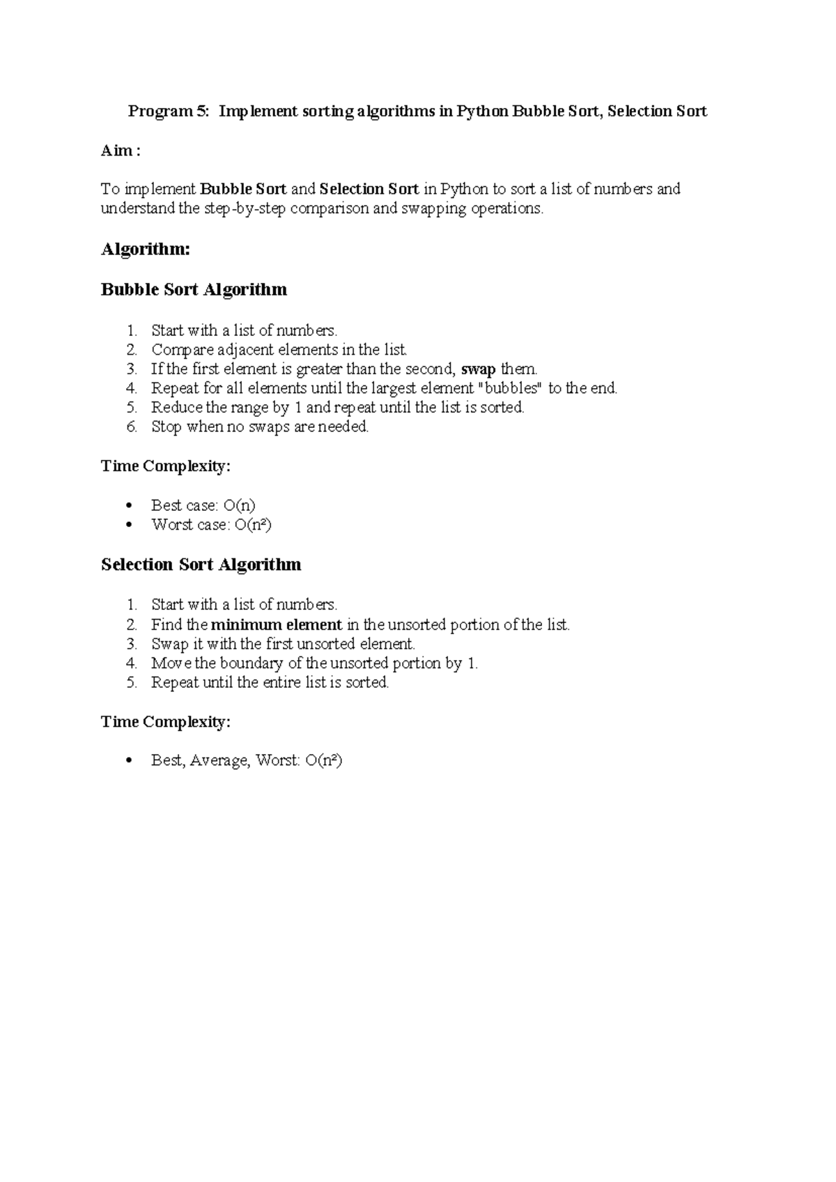 DSA 5: Python Sorting Algorithms - Bubble & Selection Sort Implementation - Studocu