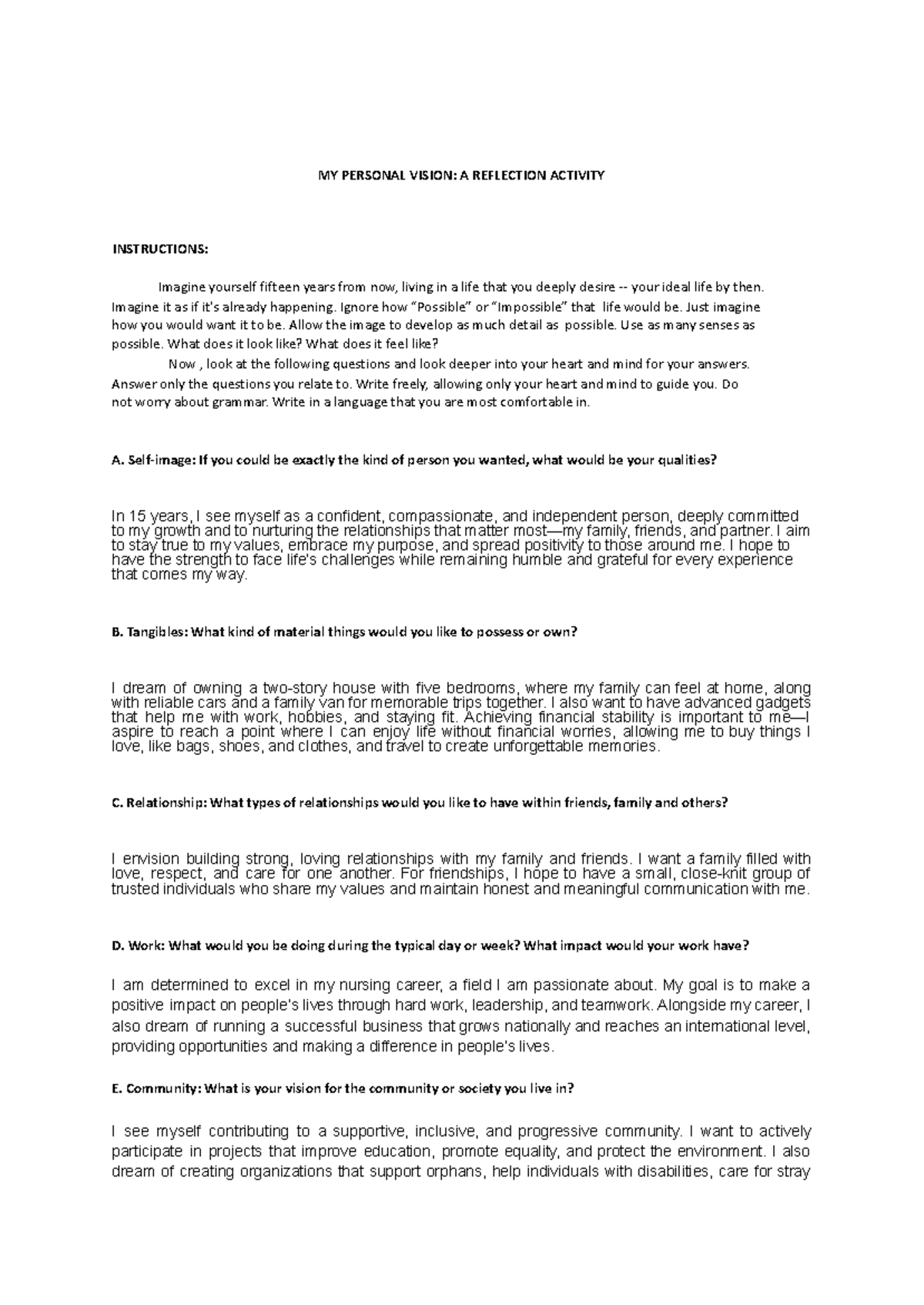 MY Personal Vision A Reflection Activity - MY PERSONAL VISION: A ...