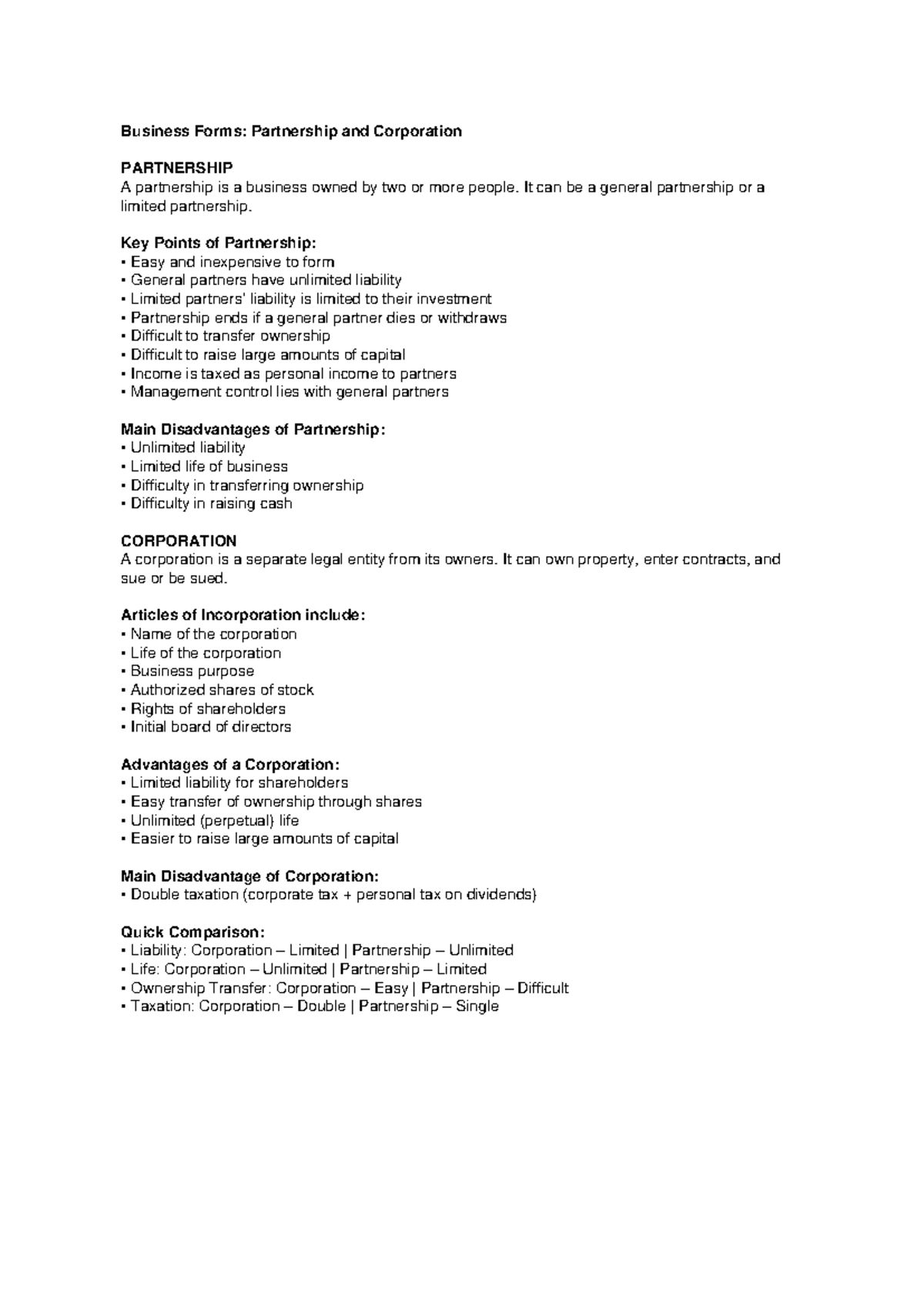 Business Forms: Partnership vs Corporation Notes - Studocu