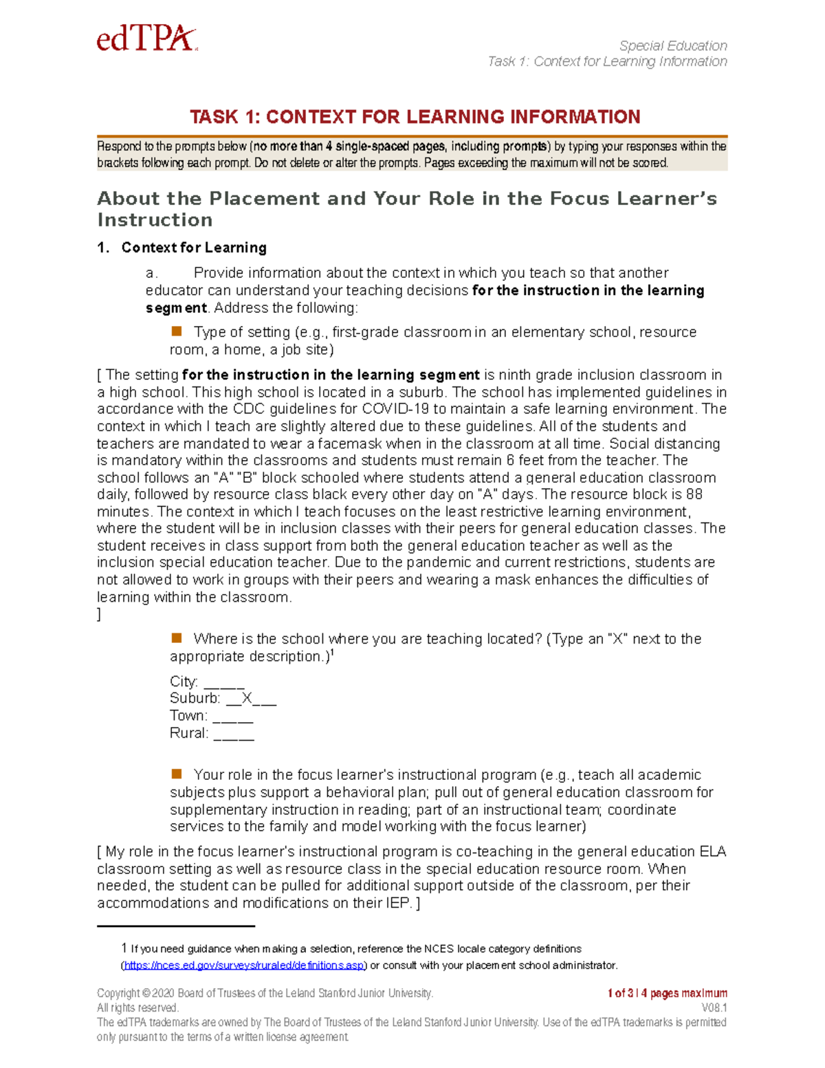 Part A- Context for Learning Information - Special Education Task 1 ...