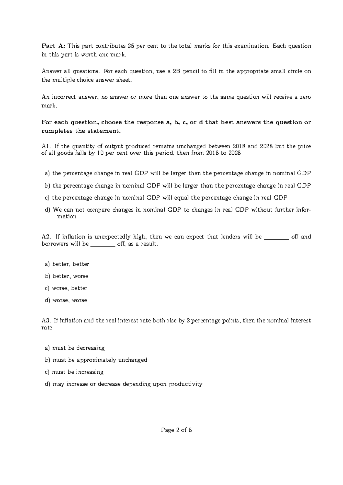2018 MCQs - Economics Exam Part A (25% Contribution) - Studocu