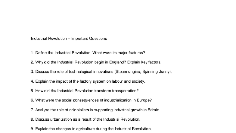 Industrial revolution important questions - Industrial Revolution ...