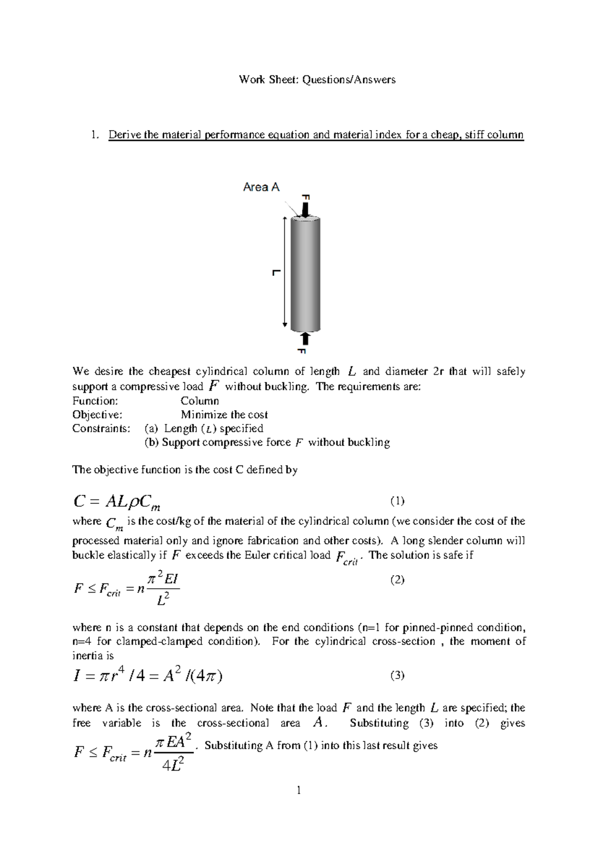 Work Sheet 1 - Work Sheet: Questions/Answers Derive the material ...