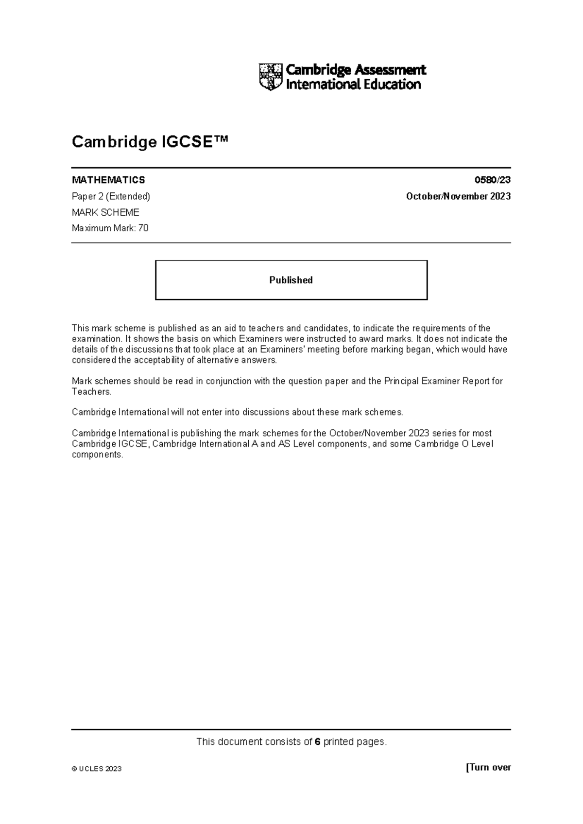 Cambridge IGCSE Mathematics 0580 Paper 2 Mark Scheme 2023 - Studocu