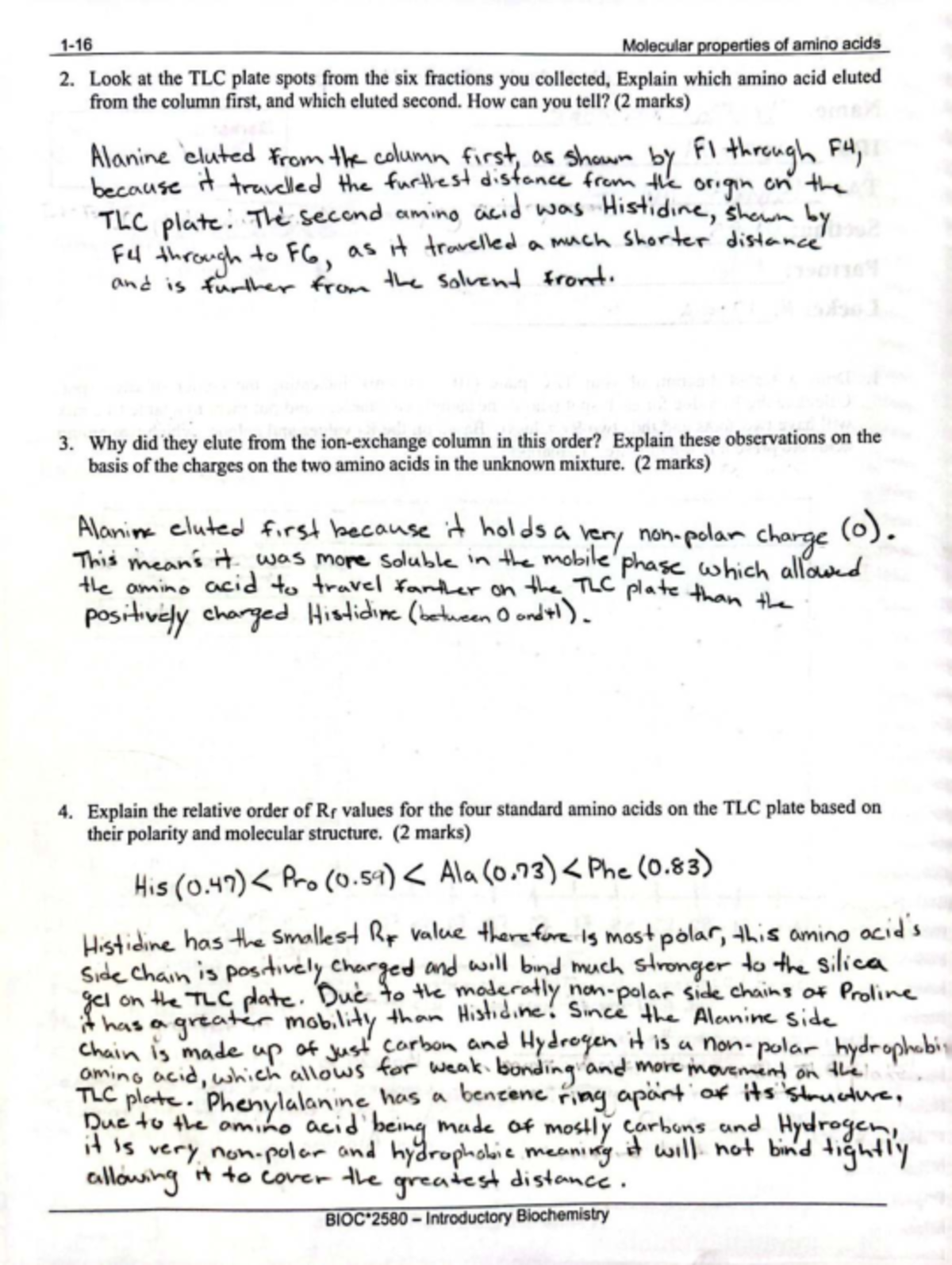 BC Lab1 - Notes: TLC Analysis of Amino Acid Elution Order - Studocu
