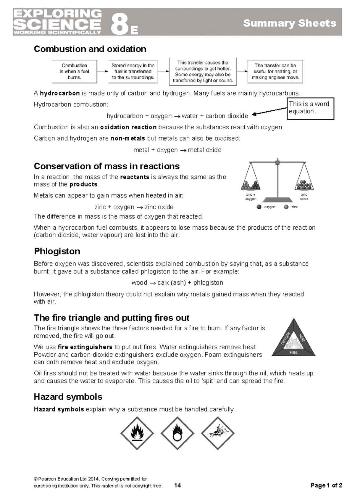 8E Summary Sheets: Combustion, Oxidation, and Fire Safety Concepts ...
