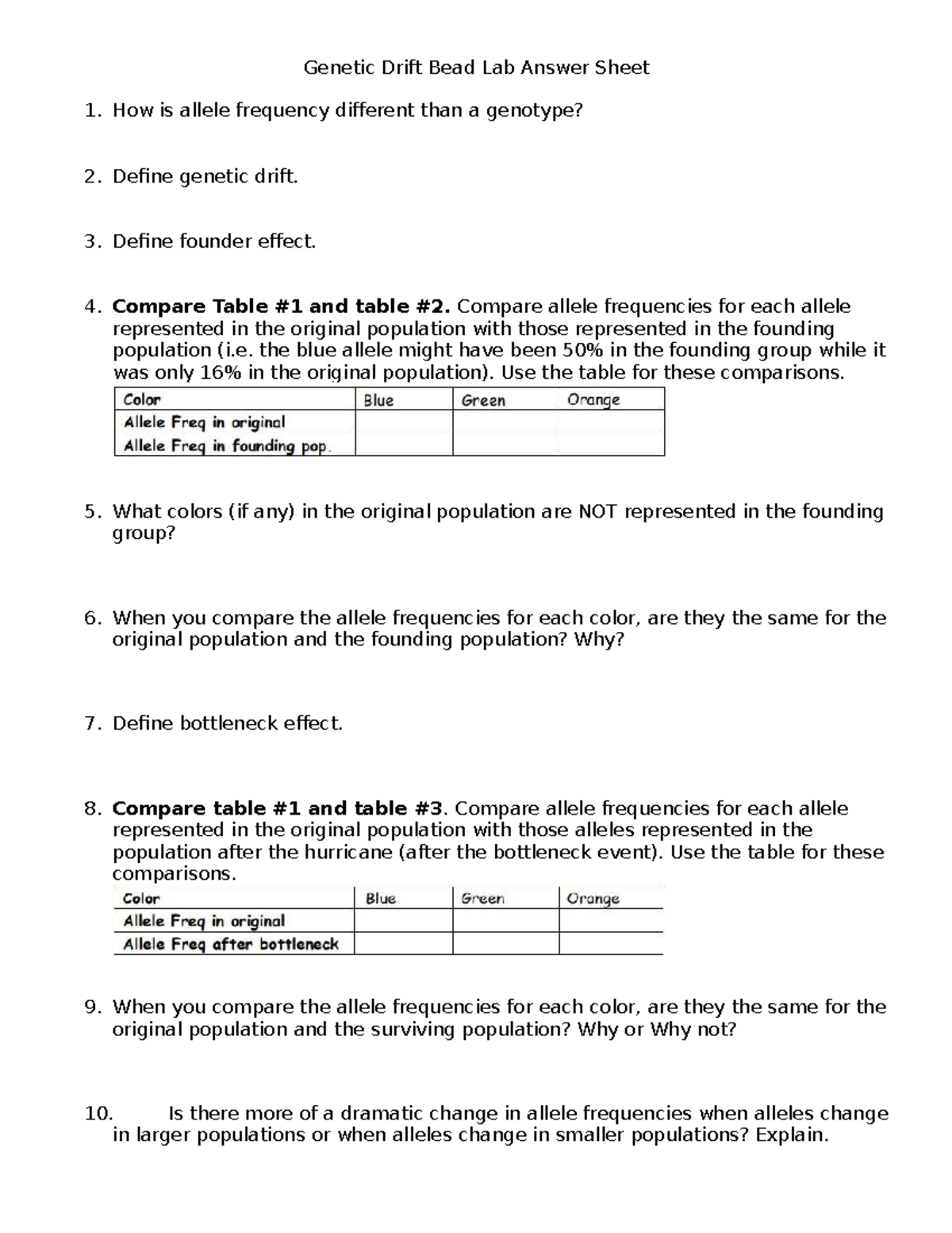 Genetic Drift Bead Lab Answer Sheet: Allele Frequencies Explained - Studocu