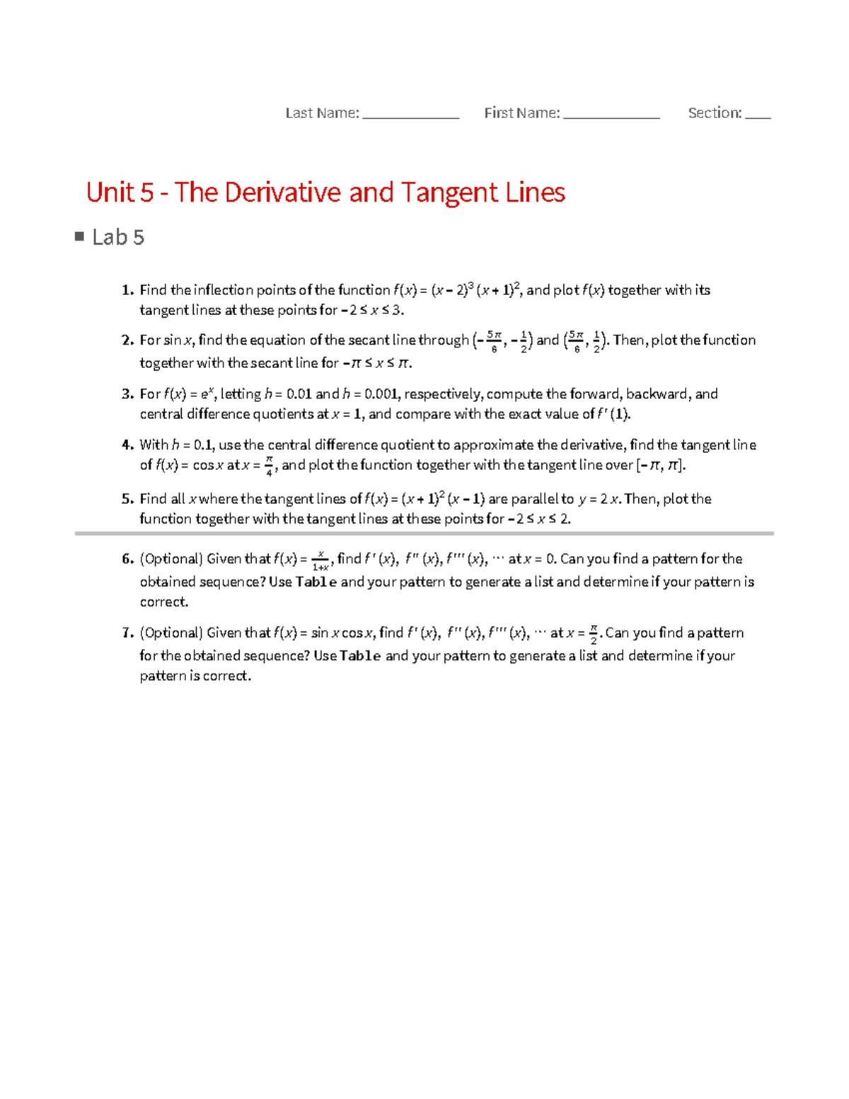 Lab 05 - The Derivative and Tangent Lines - Last Name: First Name ...