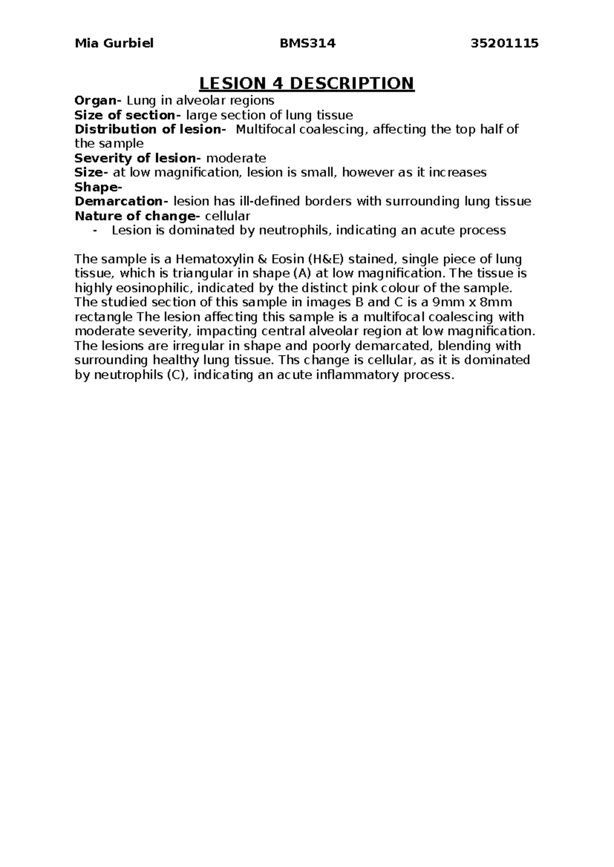 BMS314 Final Exam: Lesion Description of Lung Tissue - Studocu