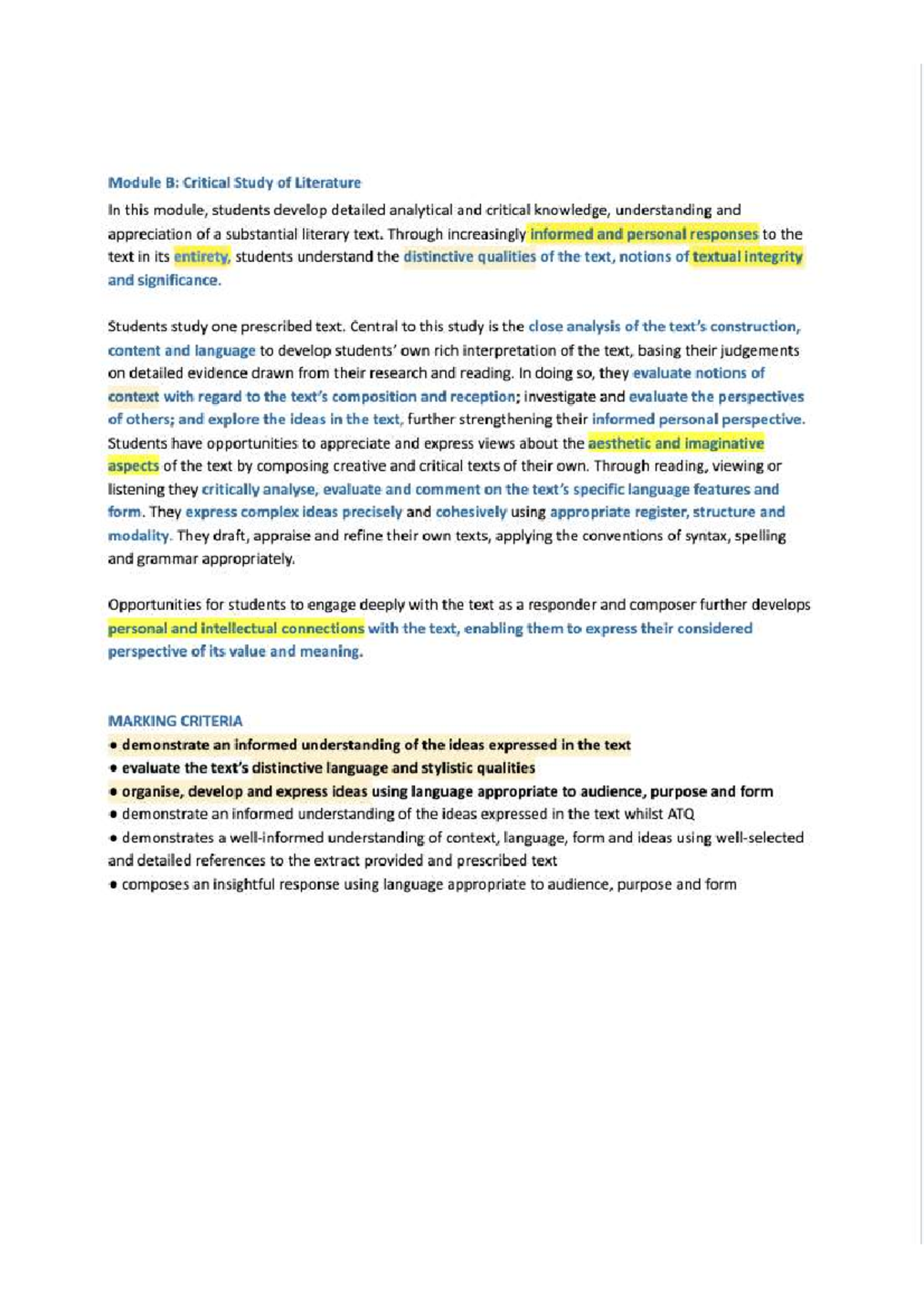 Module B: Critical Study of Literature Rubric Analysis - Studocu