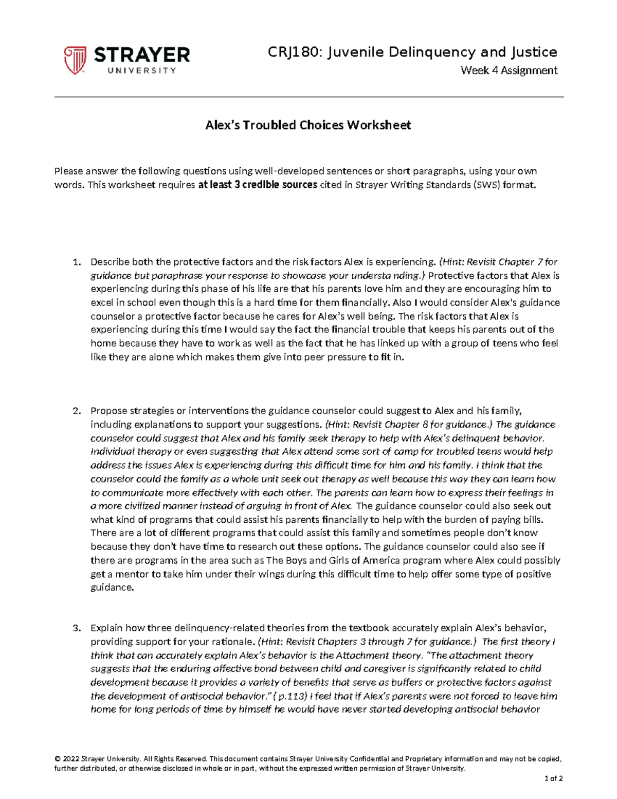 WK4 Assignment - Alex's Troubled Choices Worksheet - CRJ180: Juvenile ...