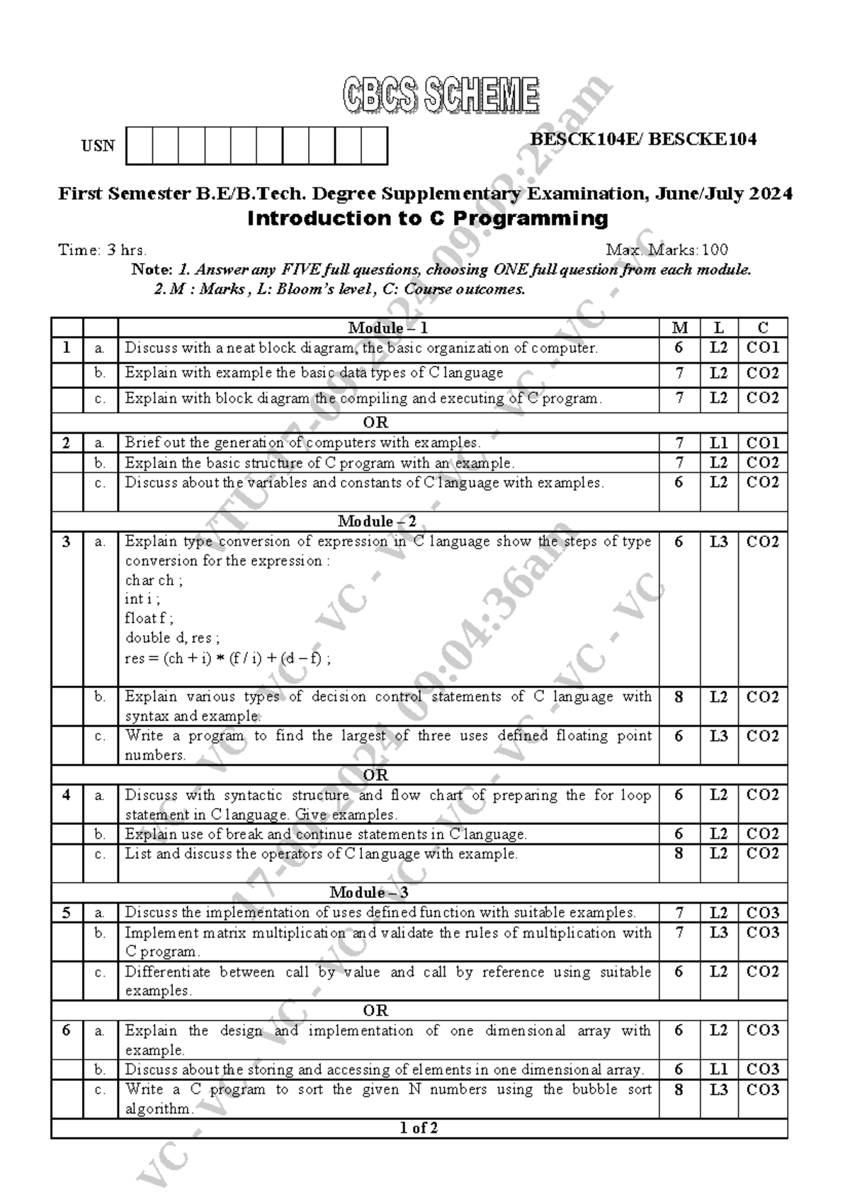 C BESCKE104 USN First Sem Degree Exam 2024: Intro to C Programming ...