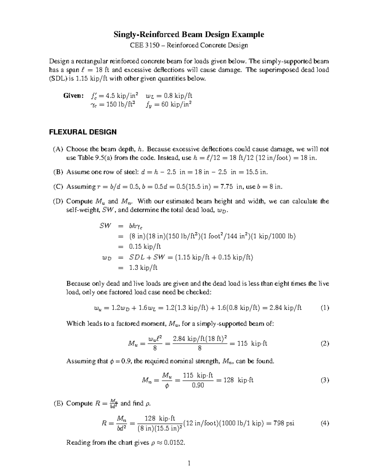 Singly Reinforced Beam Design Example for CEE 3150 Final Exam - Studocu