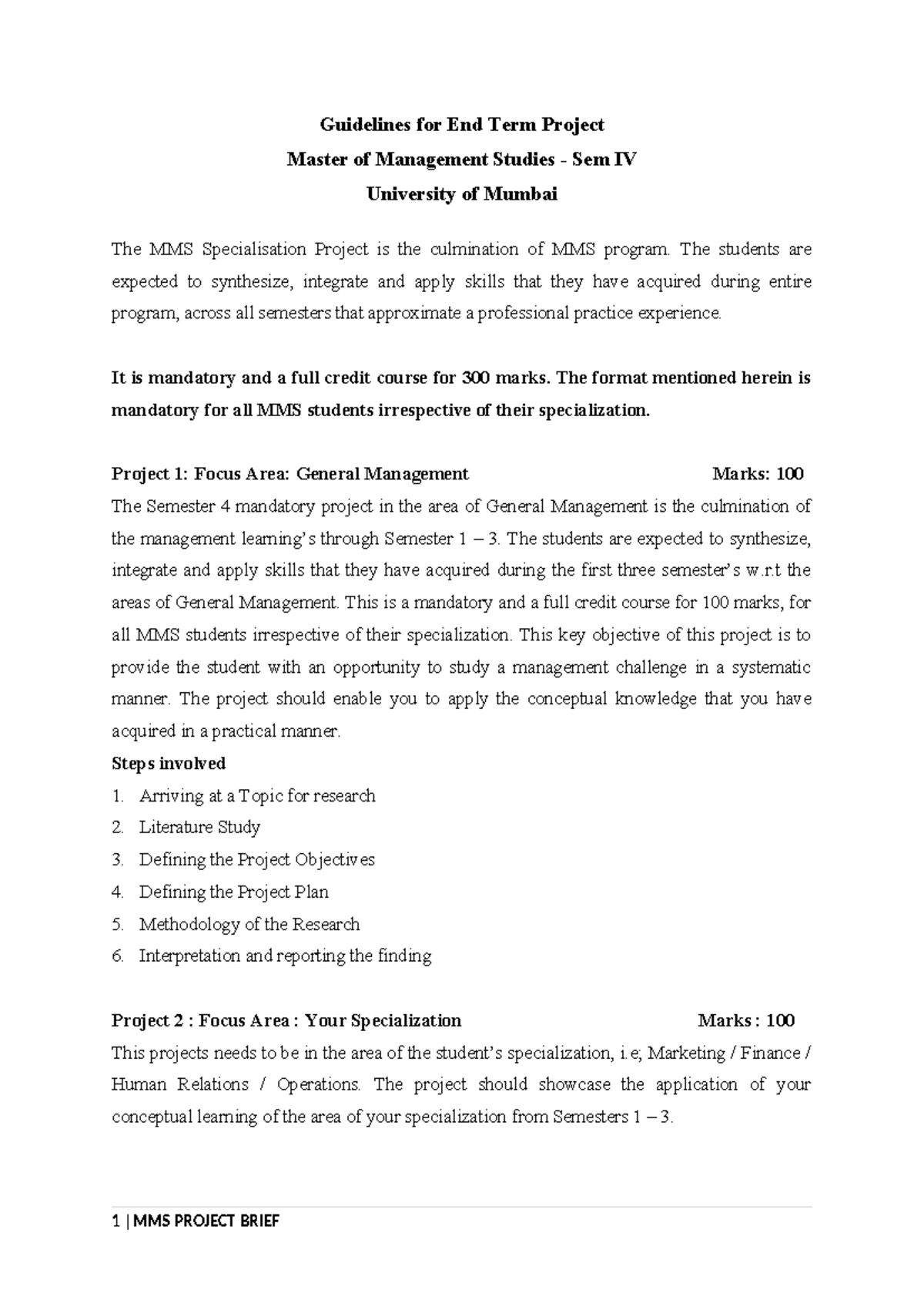 MMS Sem IV Project Guidelines for Management Studies - Studocu