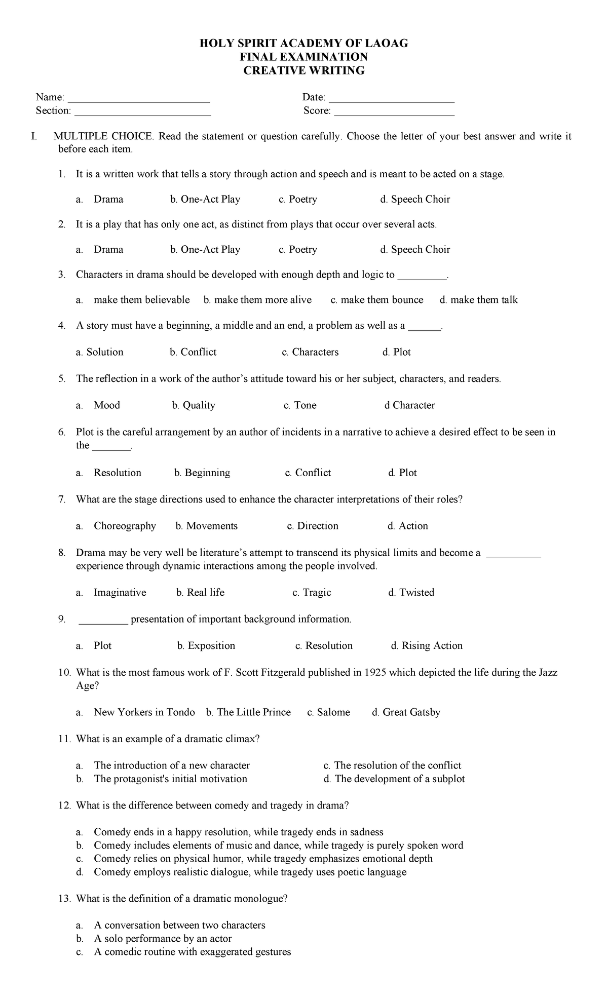 Creative Writing Final Exam: Assessment & Review Guide - Studocu