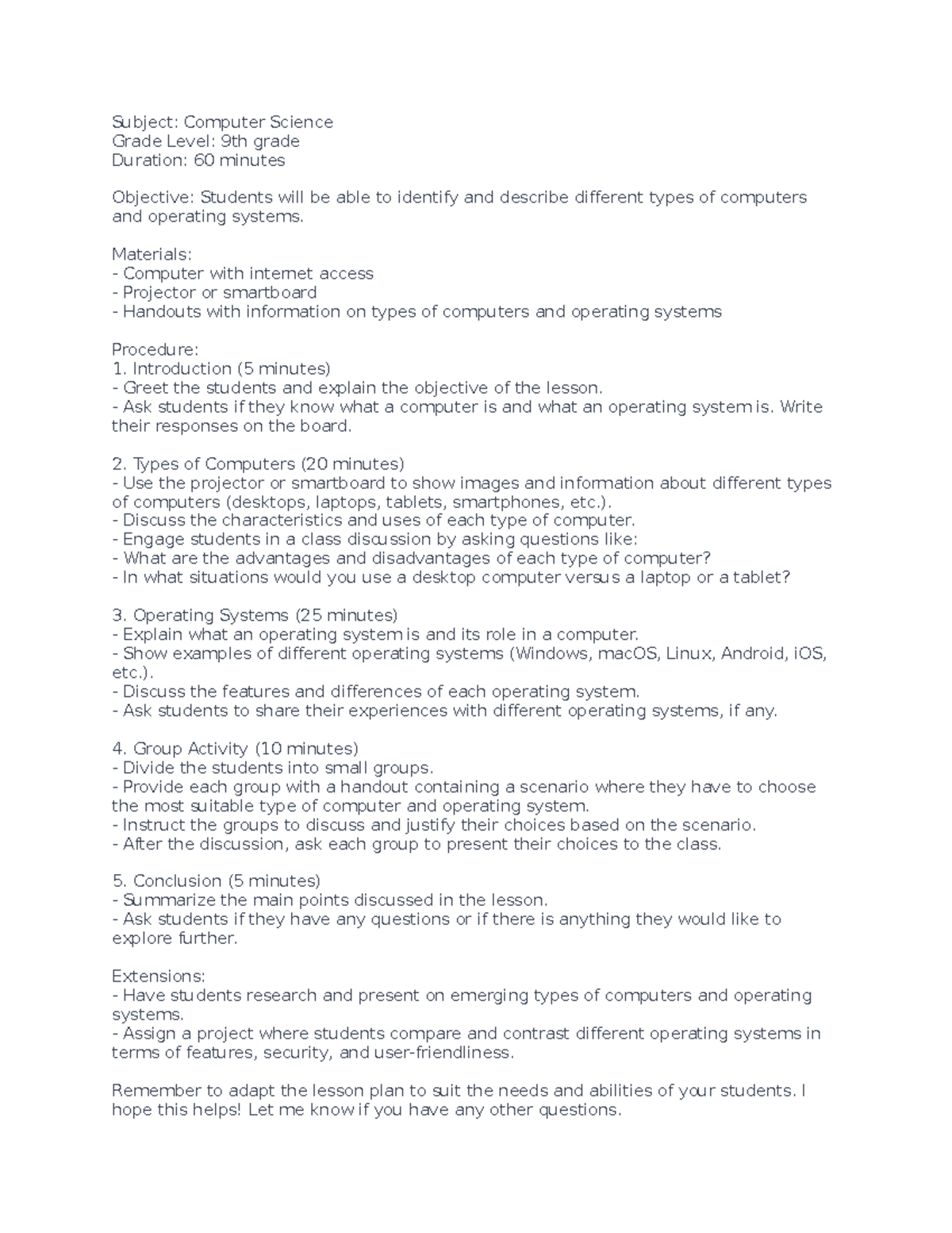 Lesson Plan: Different Types of Computers & Operating Systems - Studocu