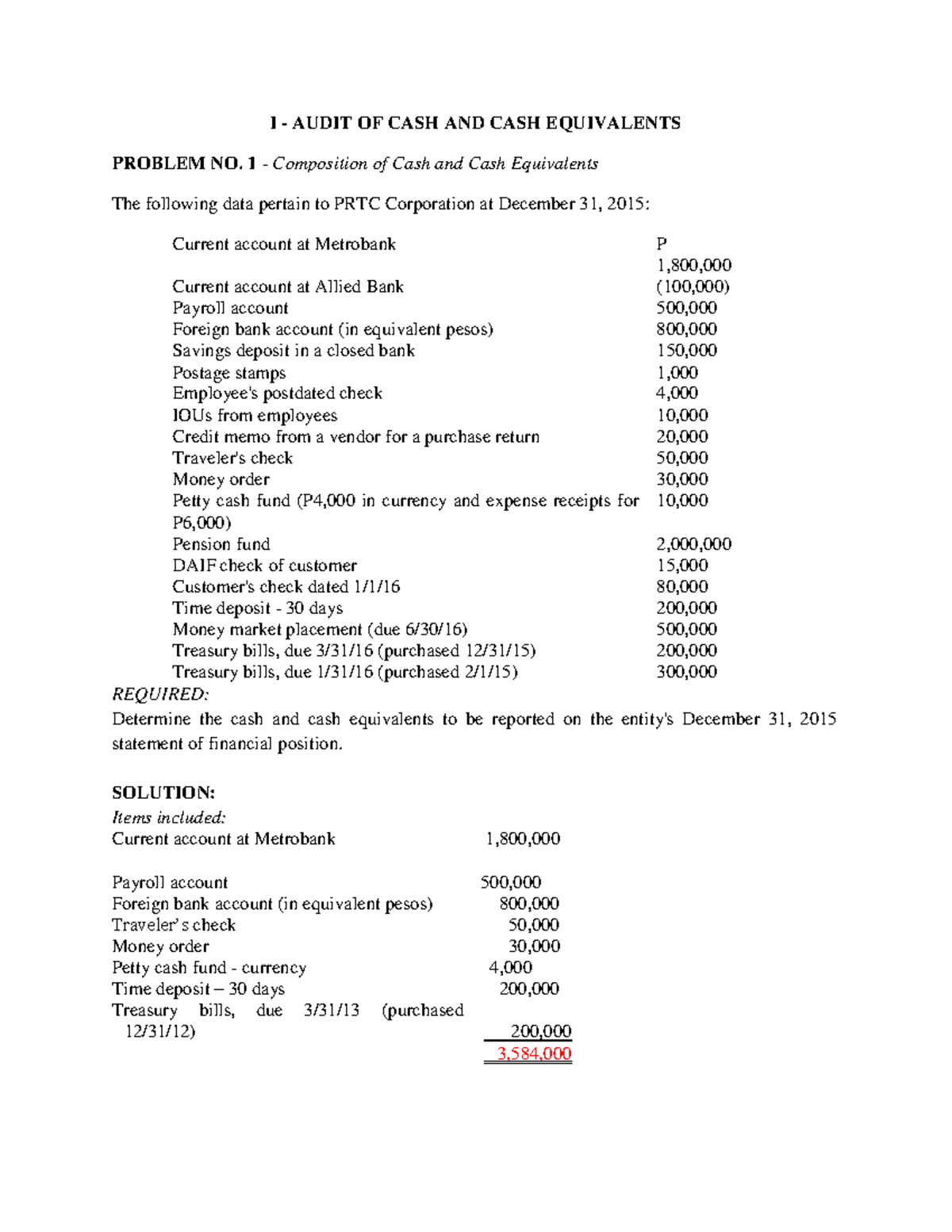 Auditing Prob-Cash Test Bank: Comprehensive Problem Set and Solutions ...