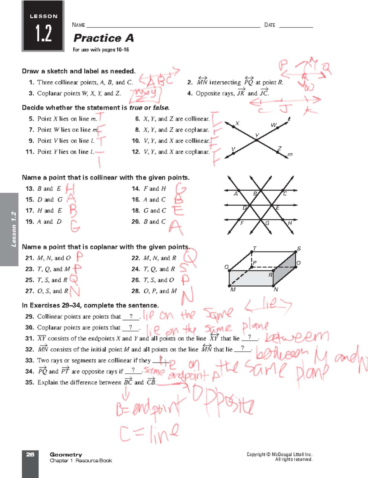 Lesson 1.2 Practice A: Collinear and Coplanar Points - Studocu
