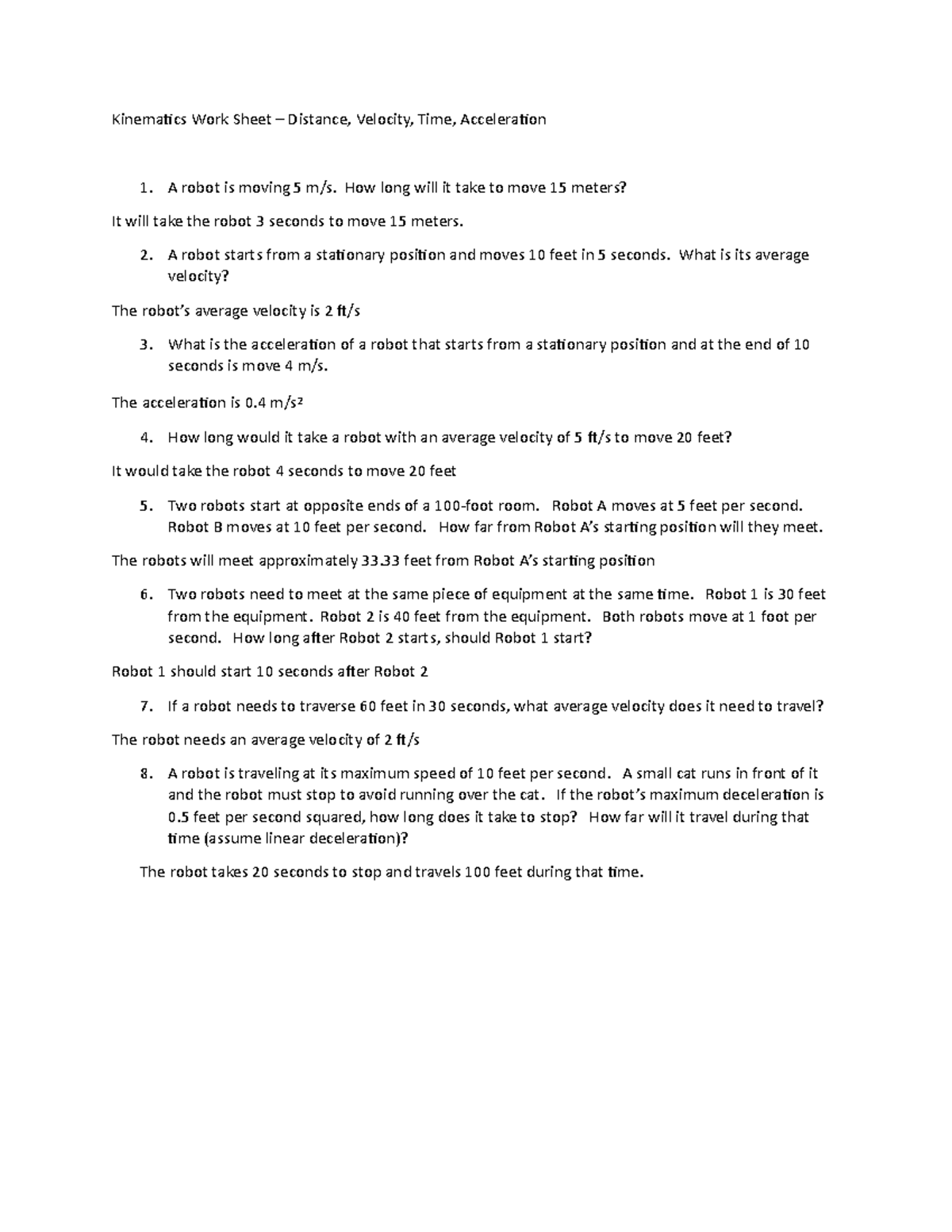 Kinematics Work Sheet #1 - Kinema'cs Work Sheet – Distance, Velocity ...