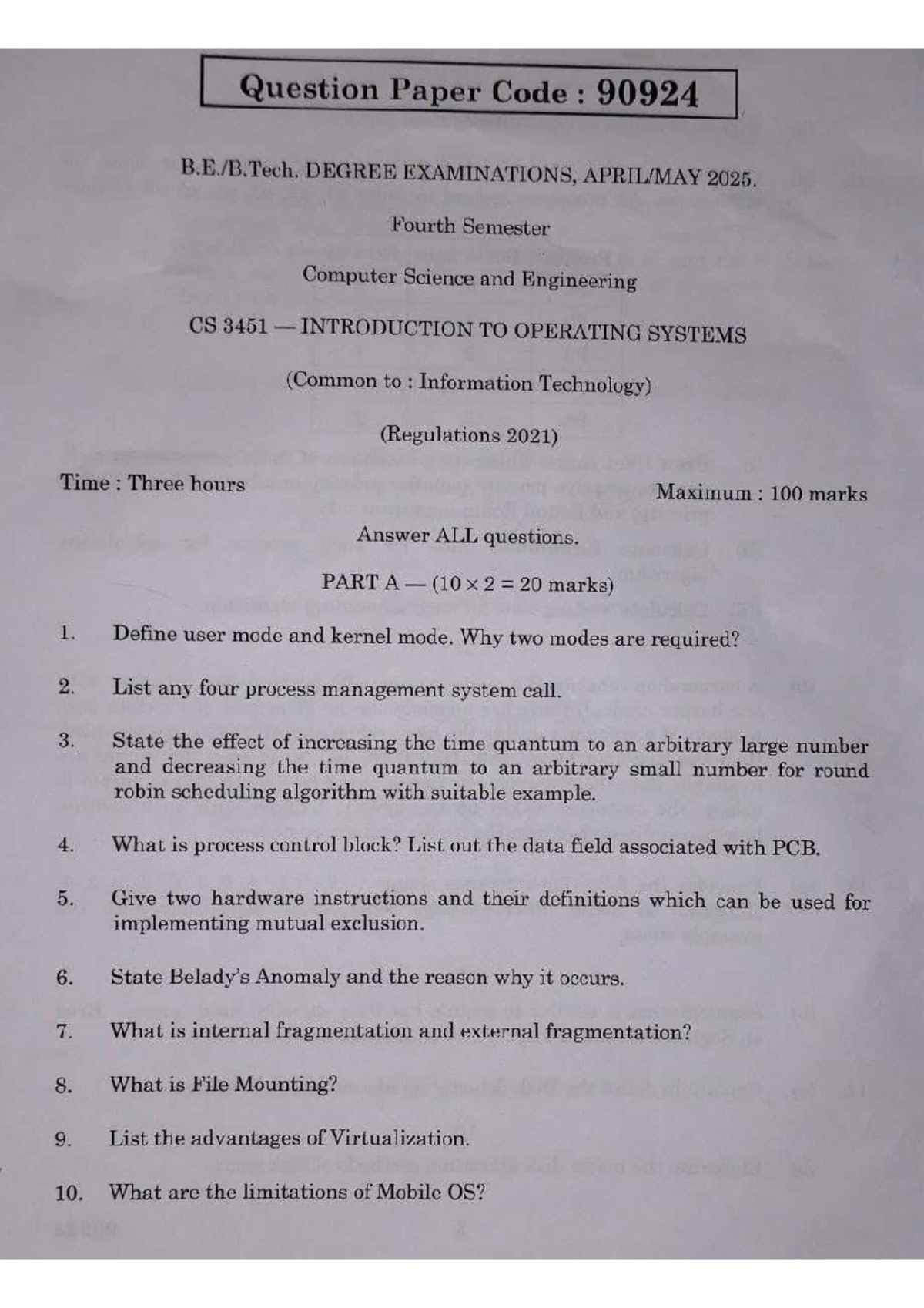 CS 3451 Final Exam Question Paper 2025 - Introduction to OS - Studocu