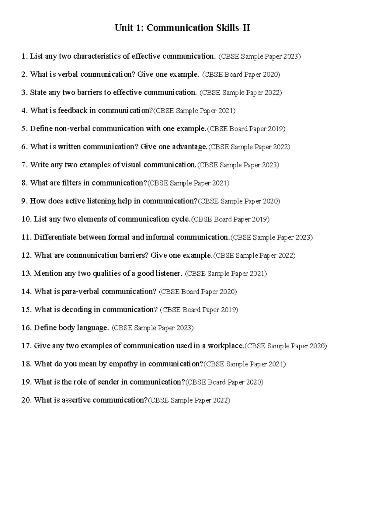 Unit 1: Effective Communication - CBSE Sample & Board Questions - Studocu