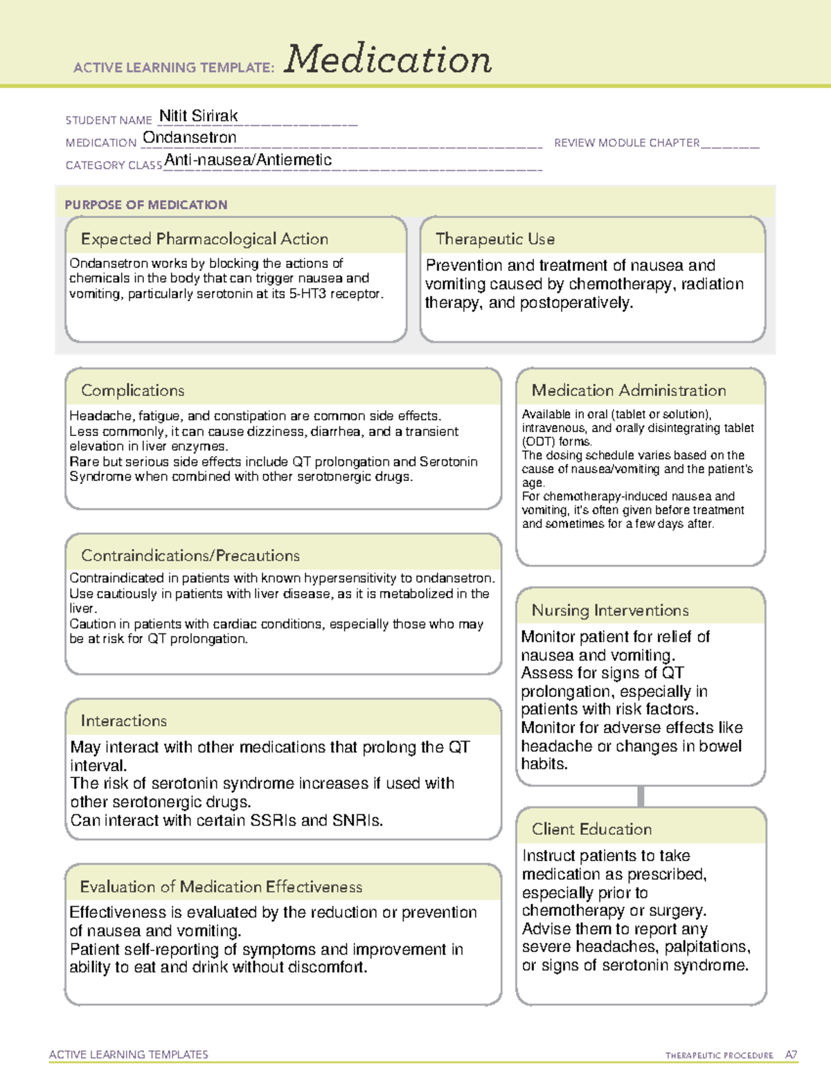 Ondansetron - ATI MEDICATION ACTIVE LEARNING TEMPLATE - Studocu
