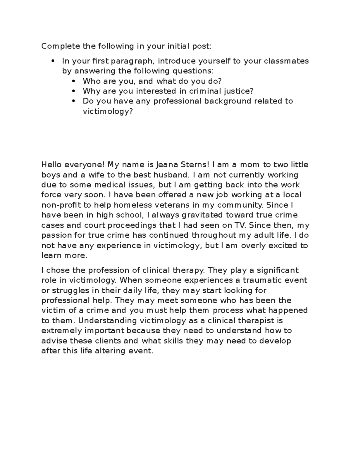 Victimology Mod 1 Introductory Discussion Post - Studocu