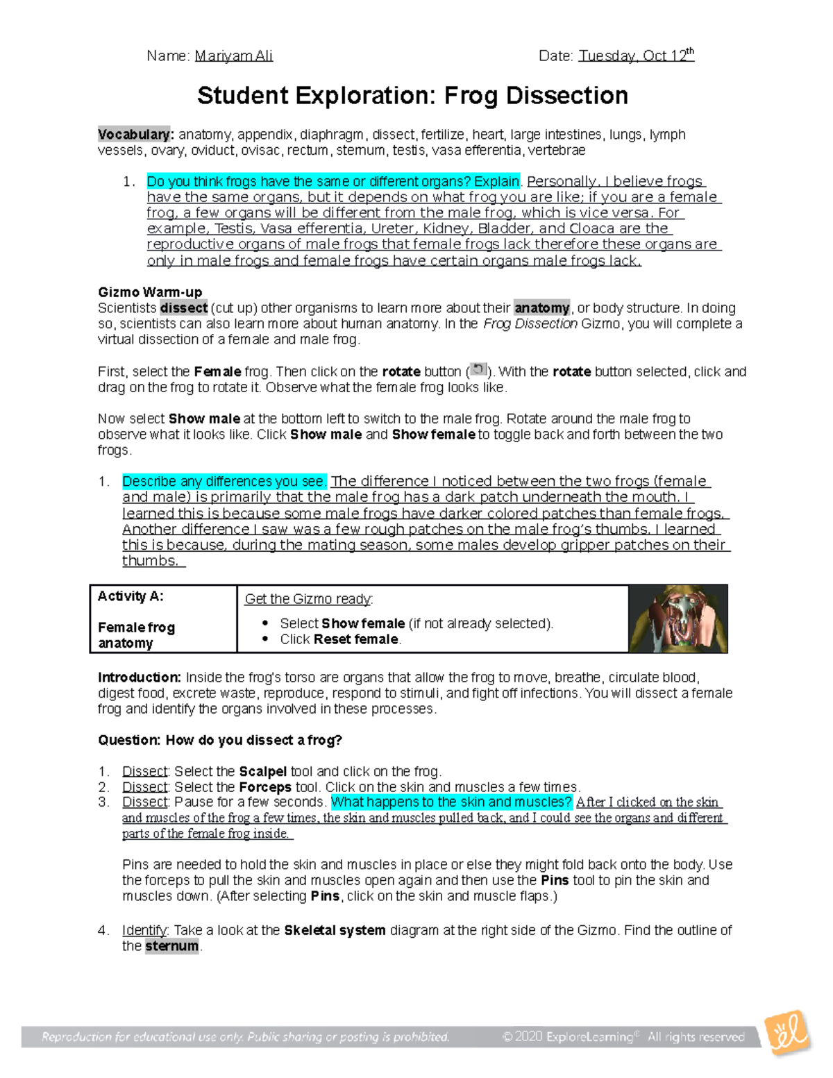 Frog Dissection Exploration - Gizmo Activity Notes 2021 - Studocu